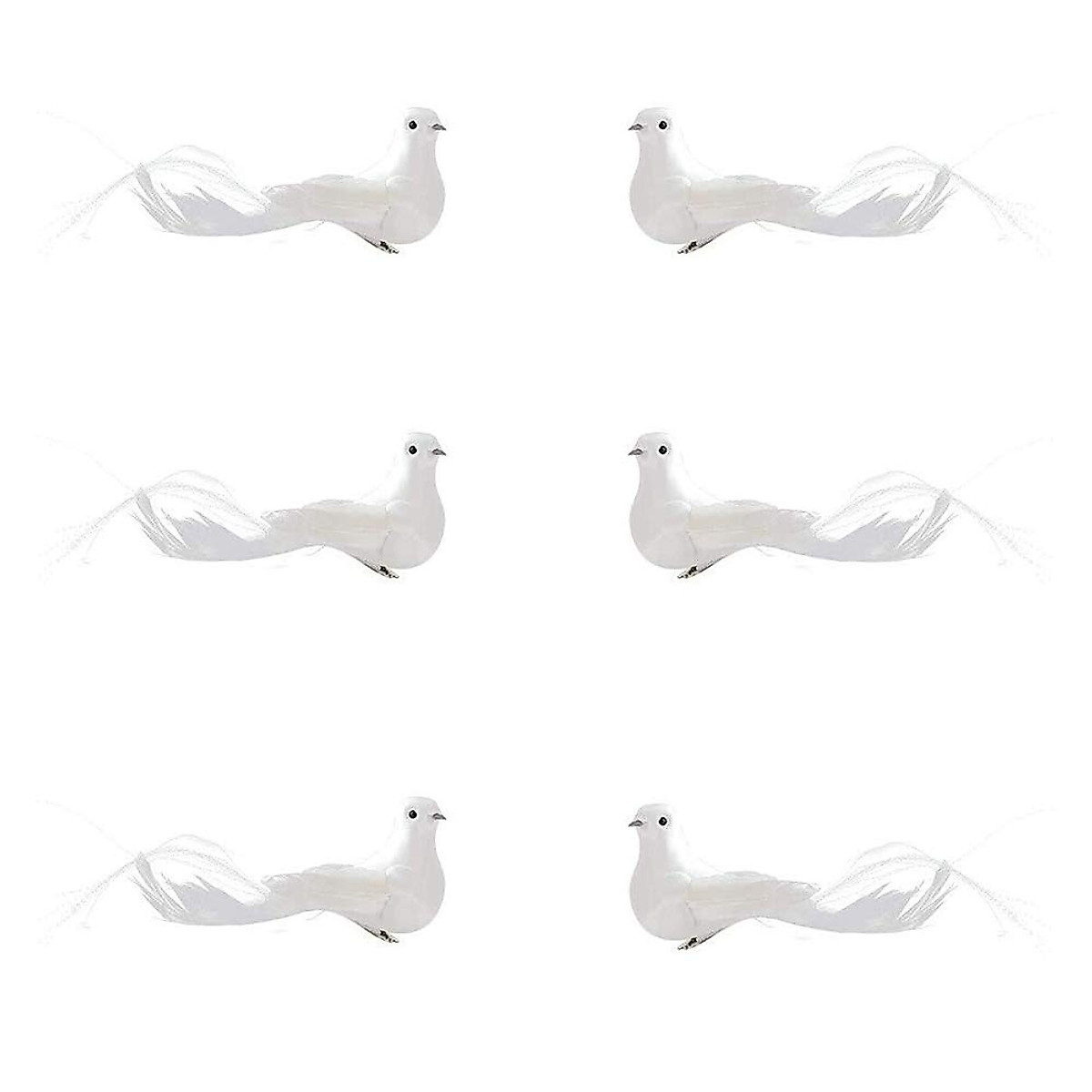 OHJ Artificial Feathered White Birds,Long Tail Artificial White Pigeon,Simulation Foam Craft Birds with Clips-on Christmas Tree Ornament Decorative Fake Doves,for Home Garden Wedding Decor (Pack of 6)
