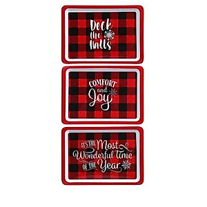 Greenbrier International Melamine It's The Most Wonderful Time of The Year, Deck The Halls, Comfort & Joy, Christmas Holiday Seasonal Red and Black Buffalo Check Trays, 14x10 in. (Set of 3)