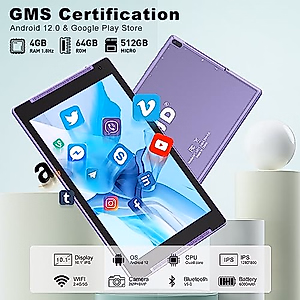TJD Android 12 Tablets,10.1 inch Tablet PC, 4GB RAM 64GB ROM 512GB MicroSD, FHD IPS Display, Dual Camera, Double Stereo Speakers, Wi-Fi5.0/2.4, Bluetooth5.0, Google GMS Certified (Purple)