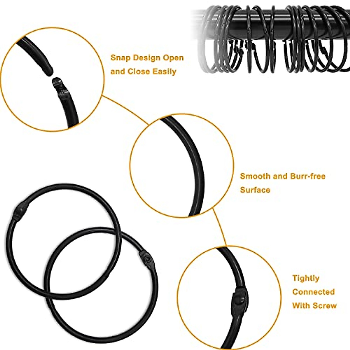 Shower Curtain Hooks Rings,24 Pcs Rustproof Metal Shower Hooks for Shower Curtain,Glide Smoothly Round Shower Rings for Curtain,Shower Curtain Rings for Bathroom Shower Rod,Snap Joint Design (Black)