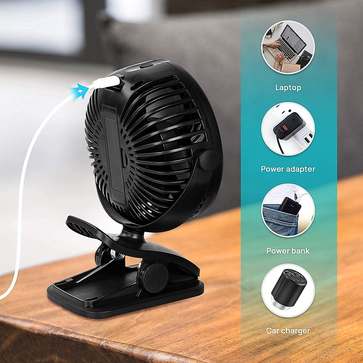 RJVW Stroller Clip On Fan, 3 Speed Rechargeable Battery Powerd USB Desk Fan, 4 Inch Table Cooling Fan, 360° Rotate Desktop Fan, Strong Wind Portable Fan for Home Office Treadmill Baby Stroller