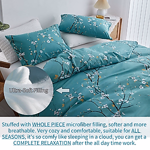 RYNGHIPY Girls Bedding Set Twin Size Teal Pastel Floral Bedding Comforter Set Tree Branch Printing Bedding with Pillowcases Soft Lightweight Down Alternative Bedding Sets All Seasons