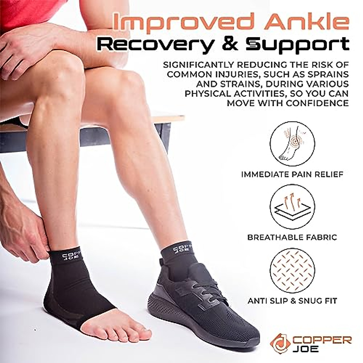 Copper Joe Ankle Brace Compression Sleeve with Heel Pain Relief, Foot Brace, Ankle Wrap Support with Foot Arch Recovery for Plantar Fasciitis Socks, Sprained Ankle for Men & Women One Pair, Large