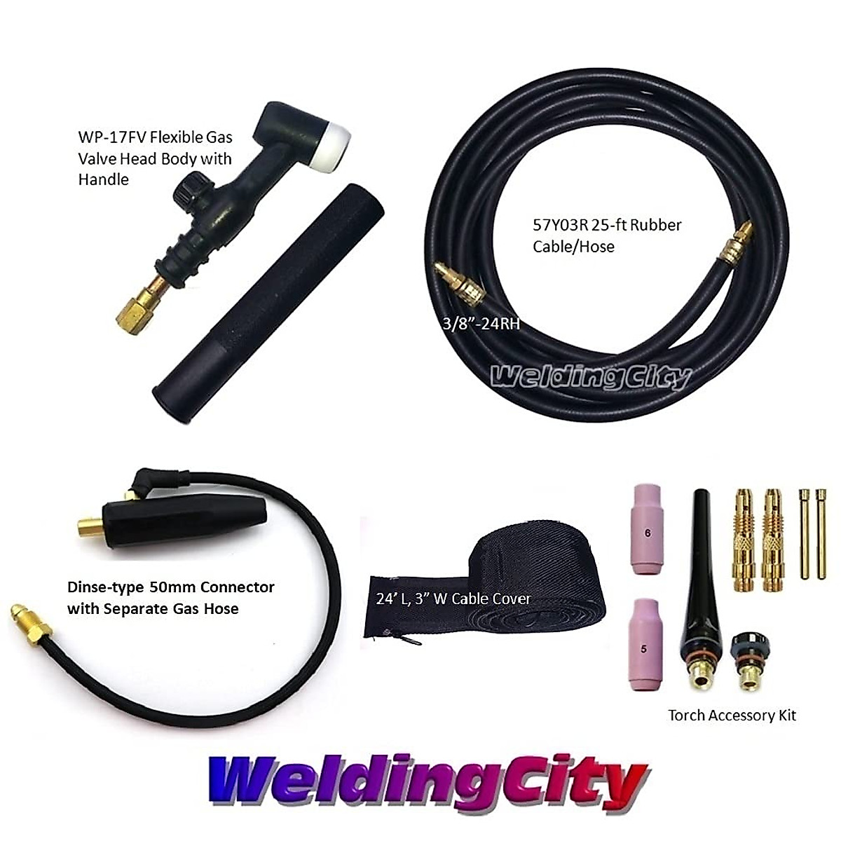 WeldingCity 150-amp WP-17FV (Flexible Head w/Gas Valve) Air-cooled TIG Welding Torch Complete Package with 25-ft Power Cable Hose and Dinse 35-50 (Solid 1/2"-pin) Cable Adapter (with Separate Gas)