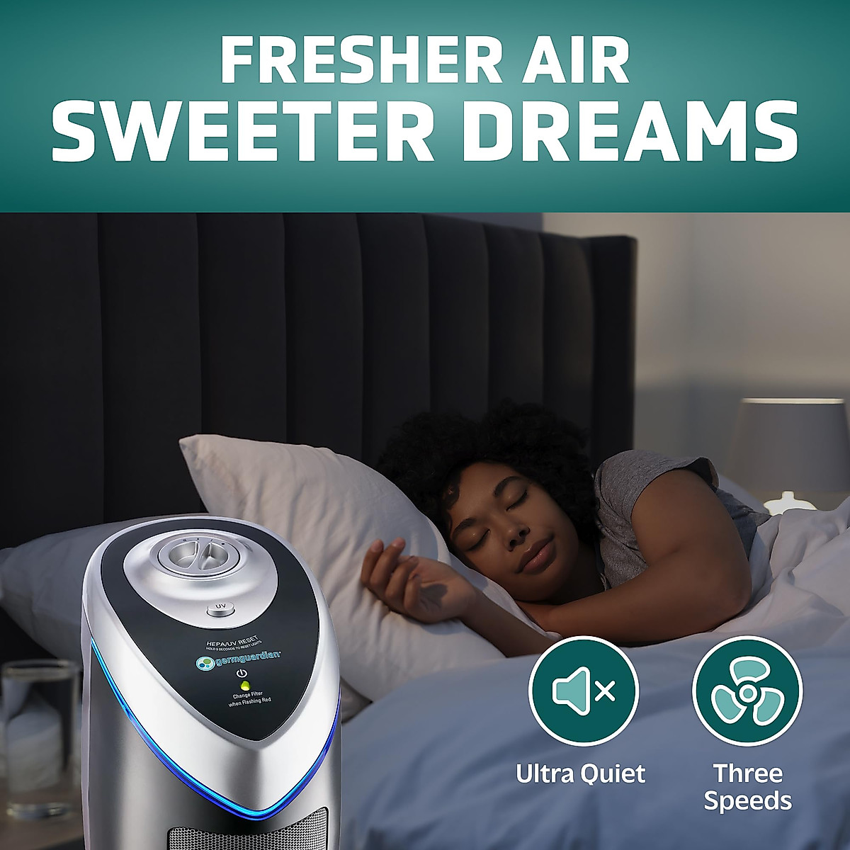 Germ Guardian Air Purifier with HEPA 13 Filter, Removes 99.97% of Pollutants, Covers Large Room up to 743 Sq. Foot Room in 1 Hr, UV-C Light Helps Reduce Germs, Zero Ozone Verified, 22", Black, AC4825E