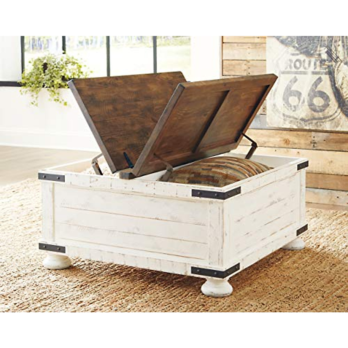 Signature Design by Ashley Wystfield Farmhouse Square Storage Coffee Table with Hinged Lift Top, Distressed White