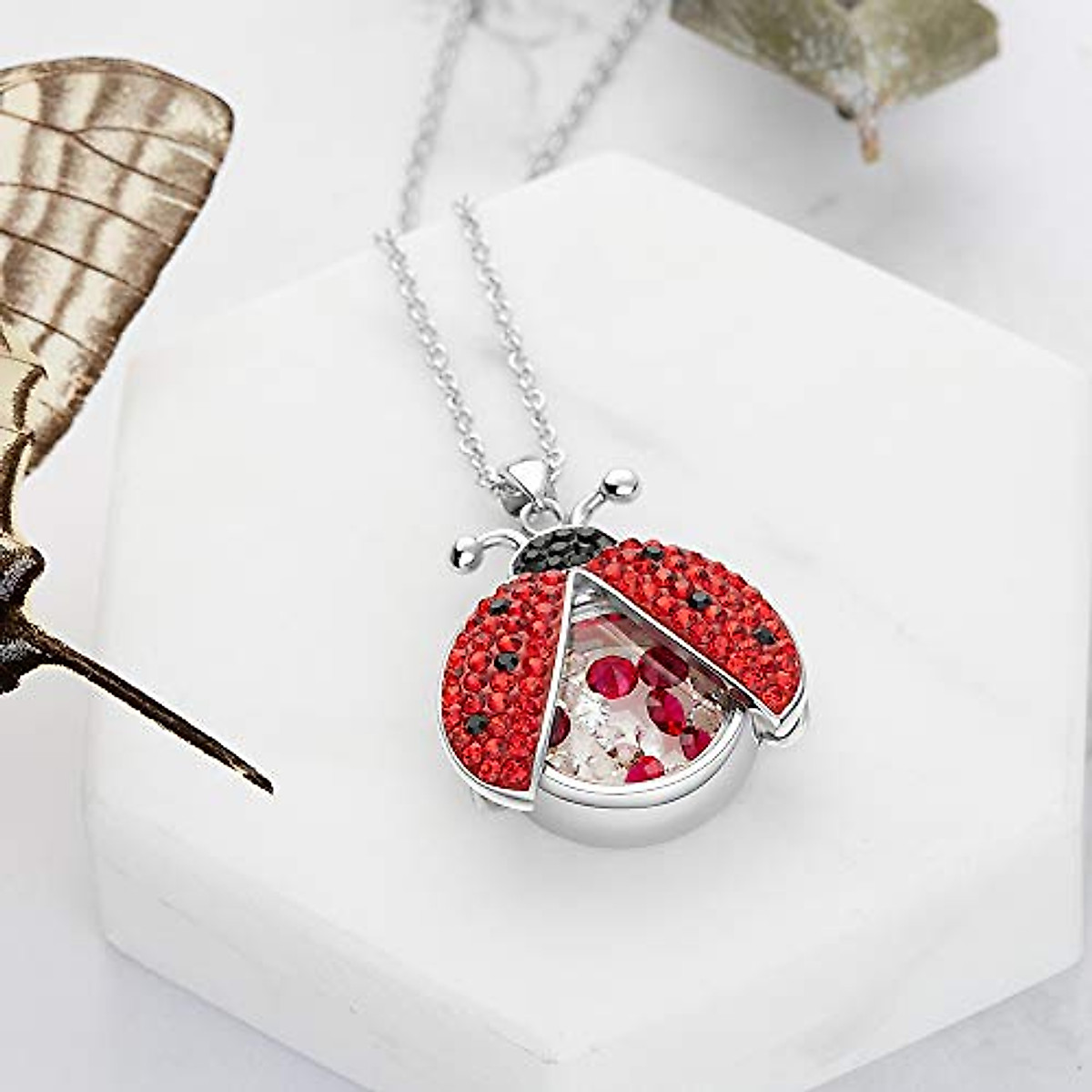 superchic Cute Red and Black Ladybug Beetle Pendant Necklace with Cubic Zirconia Floating Crystals for Women/Girl (Silver Plating)