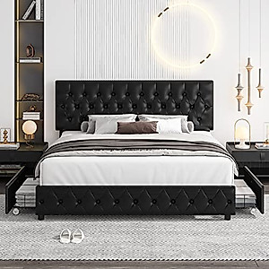 Keyluv Modern Upholstered Bed Frame with 4 Drawers, Faux Leather Platform Bed with Button Tufted Headboard, Solid Wooden Slat Support, Easy Assembly, Queen Size, Black