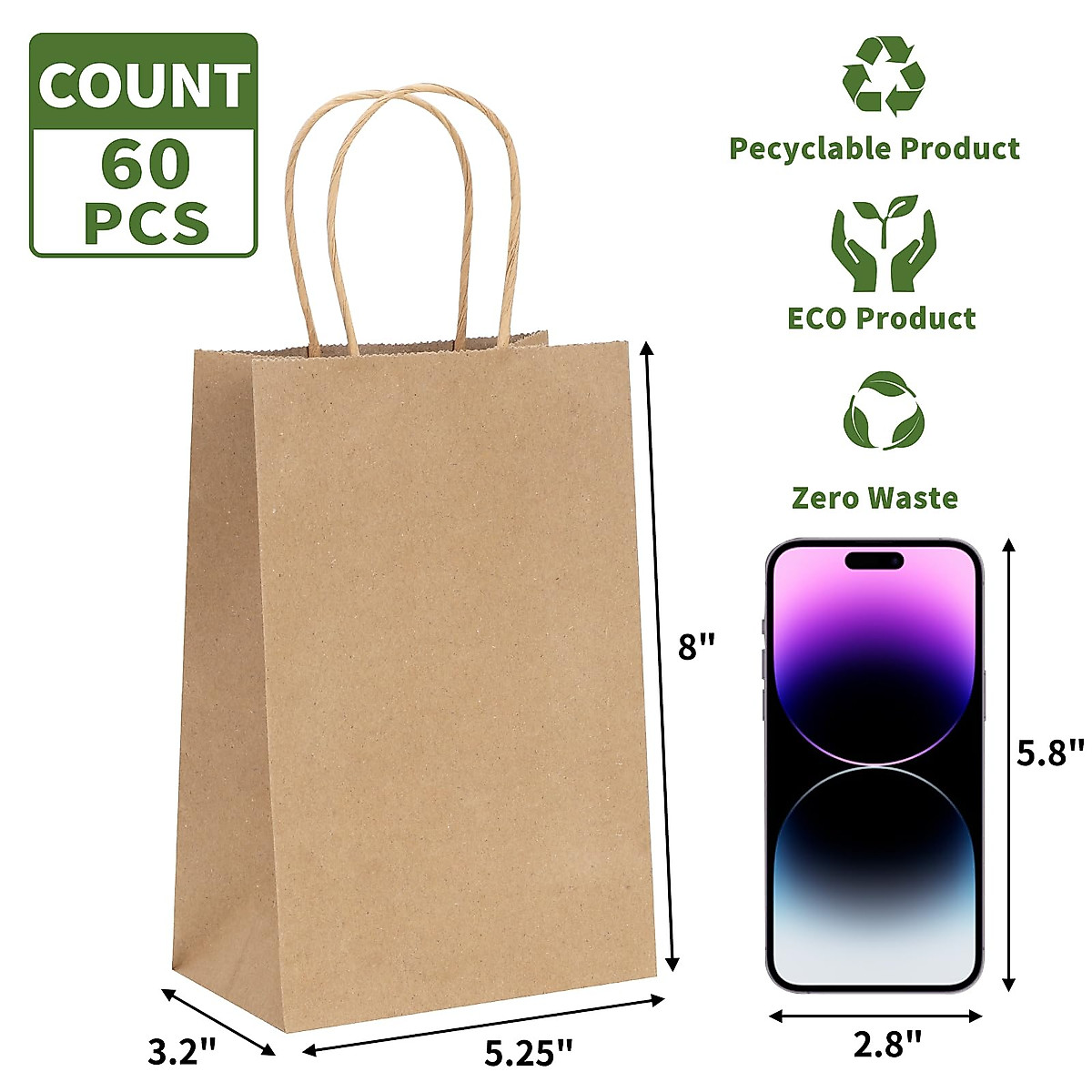 Moretoes 60pcs Paper Bags, 5.25x3.2x8 Inches Gift Bags, Kraft Small Brown Paper Bags with Handles Bulk, Retail Bags for Small Business, Shopping, Merchandise, Birthday Wedding Party Favor Bags