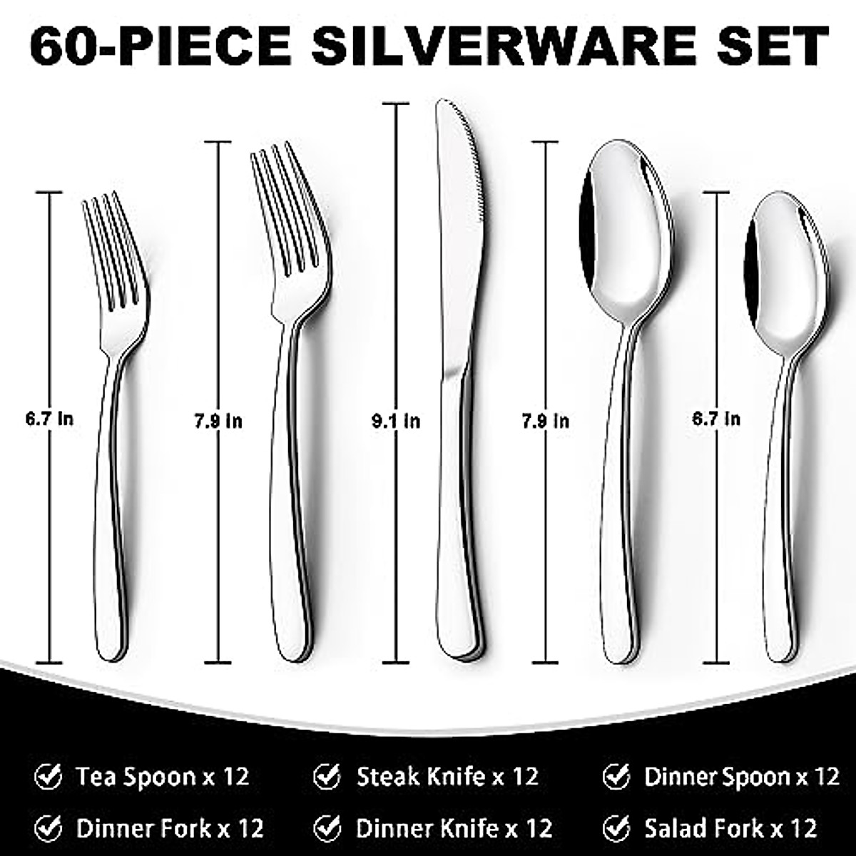 EWFEN 60-Piece Silverware Set, Heavy Duty Stainless Steel Flatware Set for 12, Food-Grade Tableware Cutlery Set, Utensil Sets for Home Restaurant, Mirror Finish, Dishwasher Safe