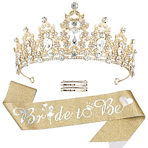 CIEHER Bride To Be Kit: Crystal Crown, Gold Sash for Bridal Shower & Bachelorette Party Decorations - Crystal Material