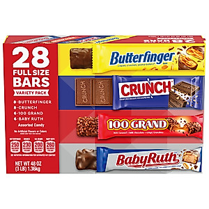 Butterfinger, CRUNCH, Baby Ruth and 100 Grand, Bulk 28 Pack, Assorted Full Size Chocolate Candy Bars, 48 oz