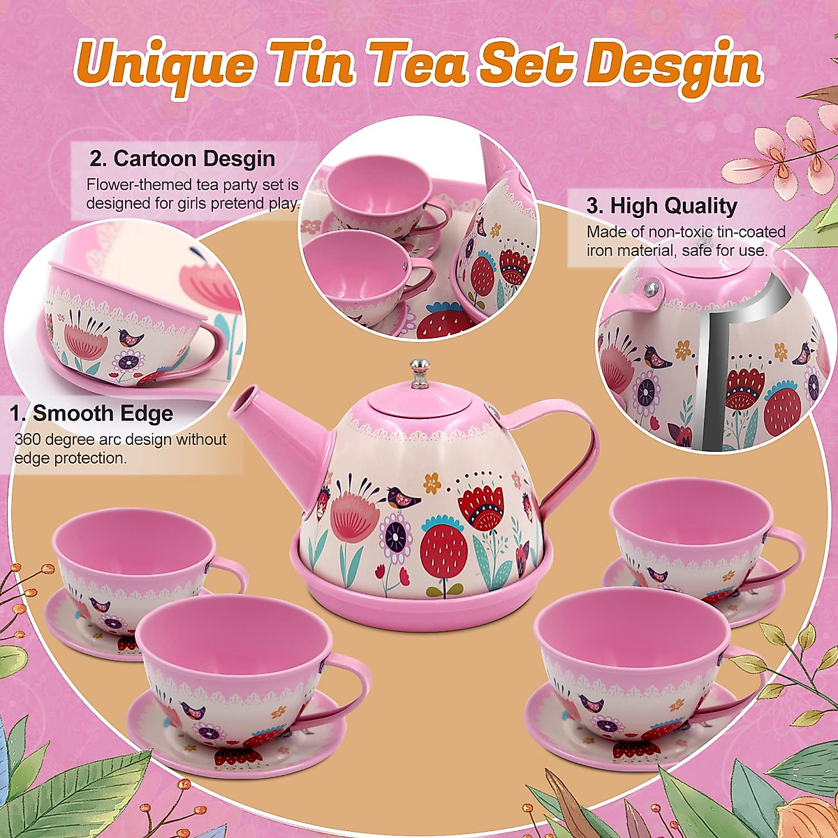44PCS Tea Set for Little Girls, Kids Pretend Toy Playset, Teapot Dishes Dessert Mini Ice Cream Cart & Carrying Case, Princess Tea Time Kitchen Pretend Play Toys Gift for Toddlers Girls Age 3-8