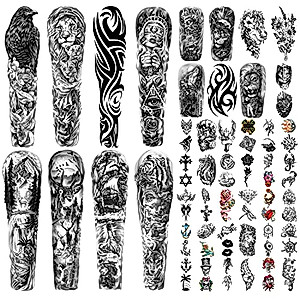 46 Sheets Full Arm Temporary Tattoo Waterproof For Men(L22.8“xW7”), Fake Tattoos for Women Lion Tiger Clock Flower Skeleton Animals Design, Hand Forearm Shoulder 3D Temporary Tattoos Stickers