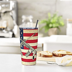 VKKOEWL Flag Of USA With Guns Stainless Steel Insulated Tumbler 20 Oz Travel Water Bottle Coffee Mug Drink Cup With Lid Straw