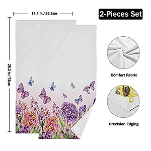 Purple Butterfly Floral Kitchen Hand Towels Set of 2 Spring Flowers Bath Towel Dish Cloth Washcloth for Spring Summer Seasonal Decor Kitchen Bathroom Absorbent Soft