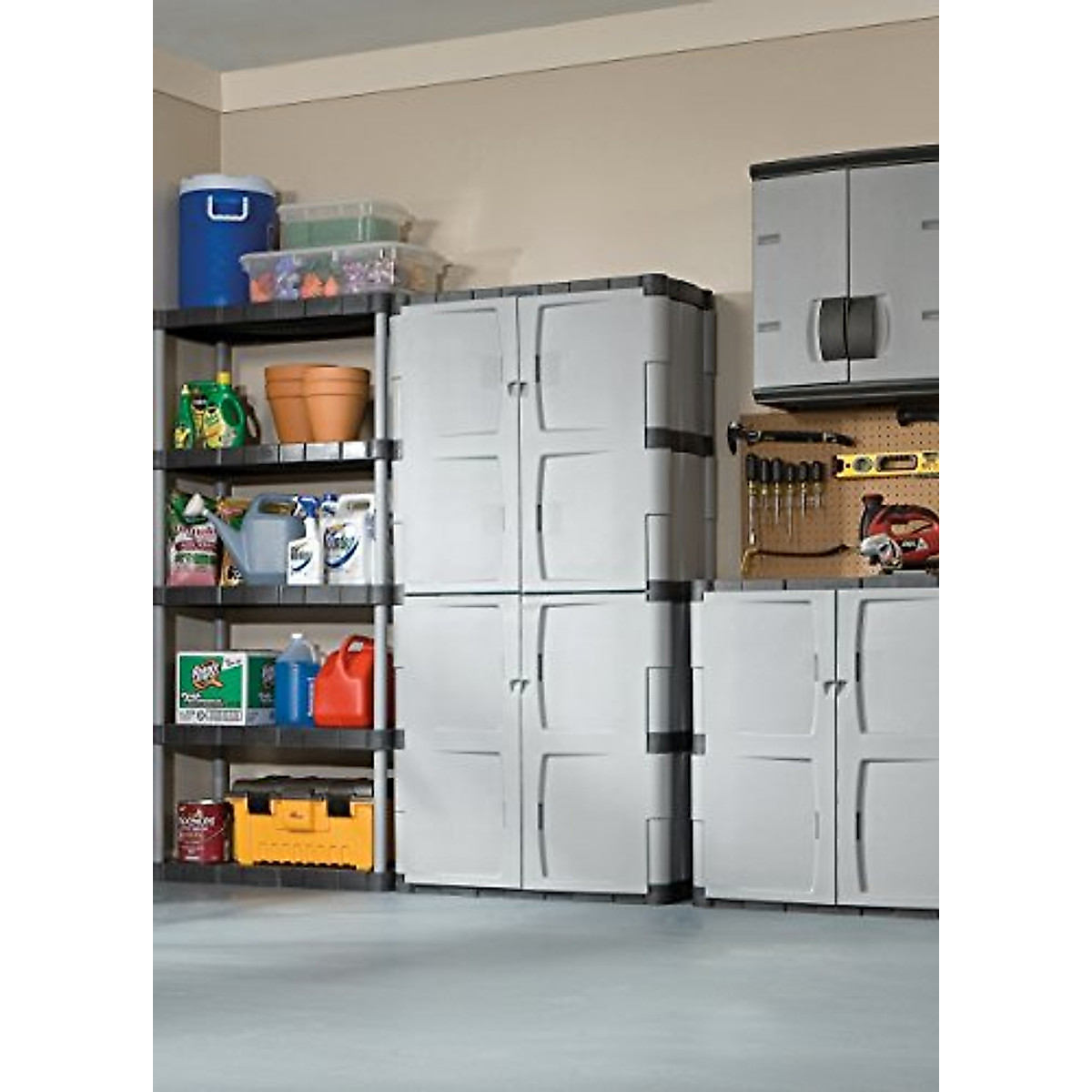 Rubbermaid Freestanding Storage Cabinet, Five Shelf with Double Doors, Lockable, Large, 690-Pound Storage Capacity, Gray, For Garage/Outdoor Storage of Garden Tools/Toys/Power Tools/Pool Accessories