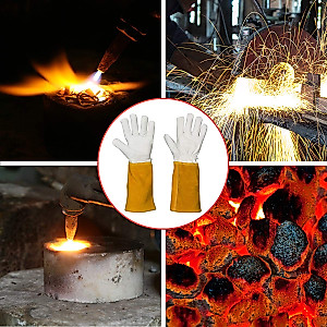 Suse's Kinder Fireplace Gloves for Women, Mig Tig Welding Gloves XS, Fireproof Heat Resistant Barbecue Mitt, Welders, Top Grain Cowhide Lined Hand (Yellow White, XS)