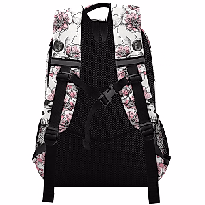 MNSRUU School Backpack with Chest Strap, Halloween Skull Flowers And Pink Cherries Laptop Backpack, Travel Hiking Backpack for Boys Girls, Rucksack, Knapsack