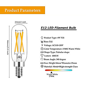 Greeogin Dimmable T6 E12 LED Edison Bulbs,4W Equal 40W Candelabra Incandescent Bulbs, Clear Vintage T25 Tube Light Bulbs for Ceiling Fan, Pendant, Wall scones 12Pack