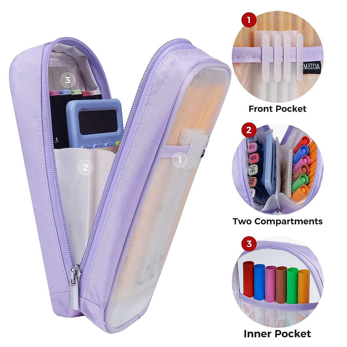 Fmeida Grid Mesh Pencil Case - Upgraded 4 Compartment Pencil Pouch, Clear Adult Pencil Bag Aesthetic Marker Pouch Stationary Bag Office Organizer for College Business Travel - Purple