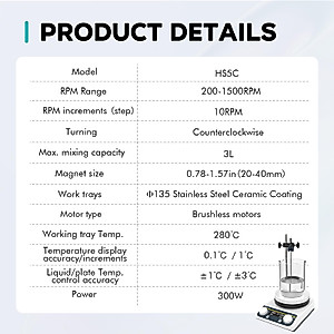 LAB FISH Laboratory Lab Magnetic Stirrer Hot Plate 280℃/ 536℉ 5 inch Digital Magnetic Mixer 3L Capacity Knob Control 200-1500rpm,Probe Sensor & Stirring Bar Included,110V