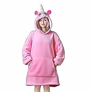 Queenshin Pink Unicorn Oversized Hoodie Wearable Blanket for Womens Girls, Kawaii Adults Comfy Sherpa Hoody Sweatshirt Robe with Ears, One Size