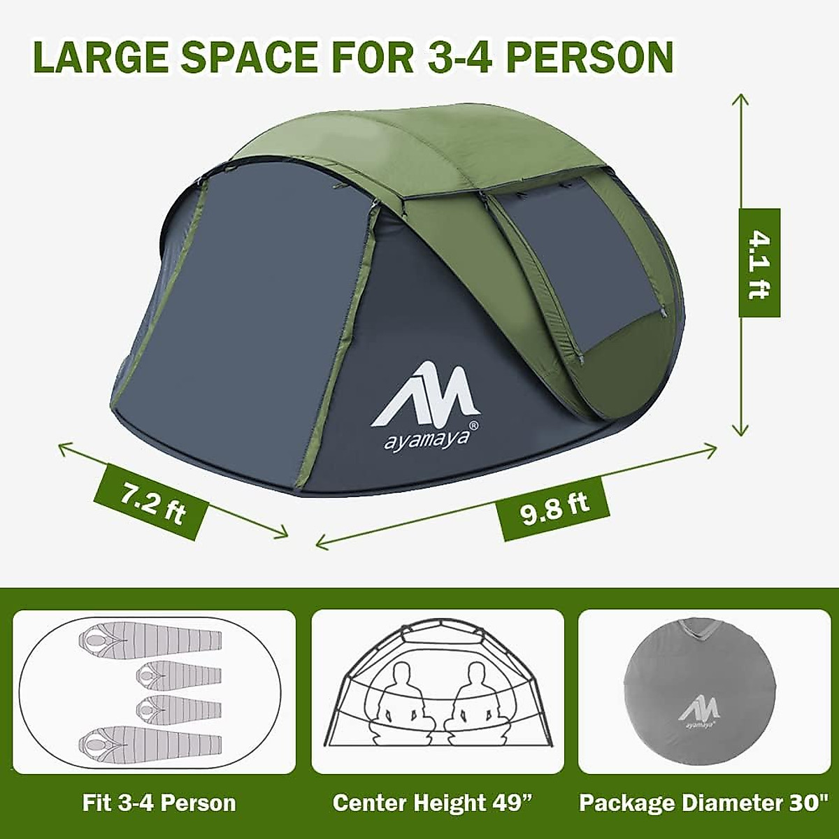 4 Person Pop Up Tents for Camping - AYAMAYA Waterproof Instant Family Tents with Skylight & Removable Rainfly, Upgraded Large Size with 2 Doors -Automatic Easy Setup Beach Tent with Poles