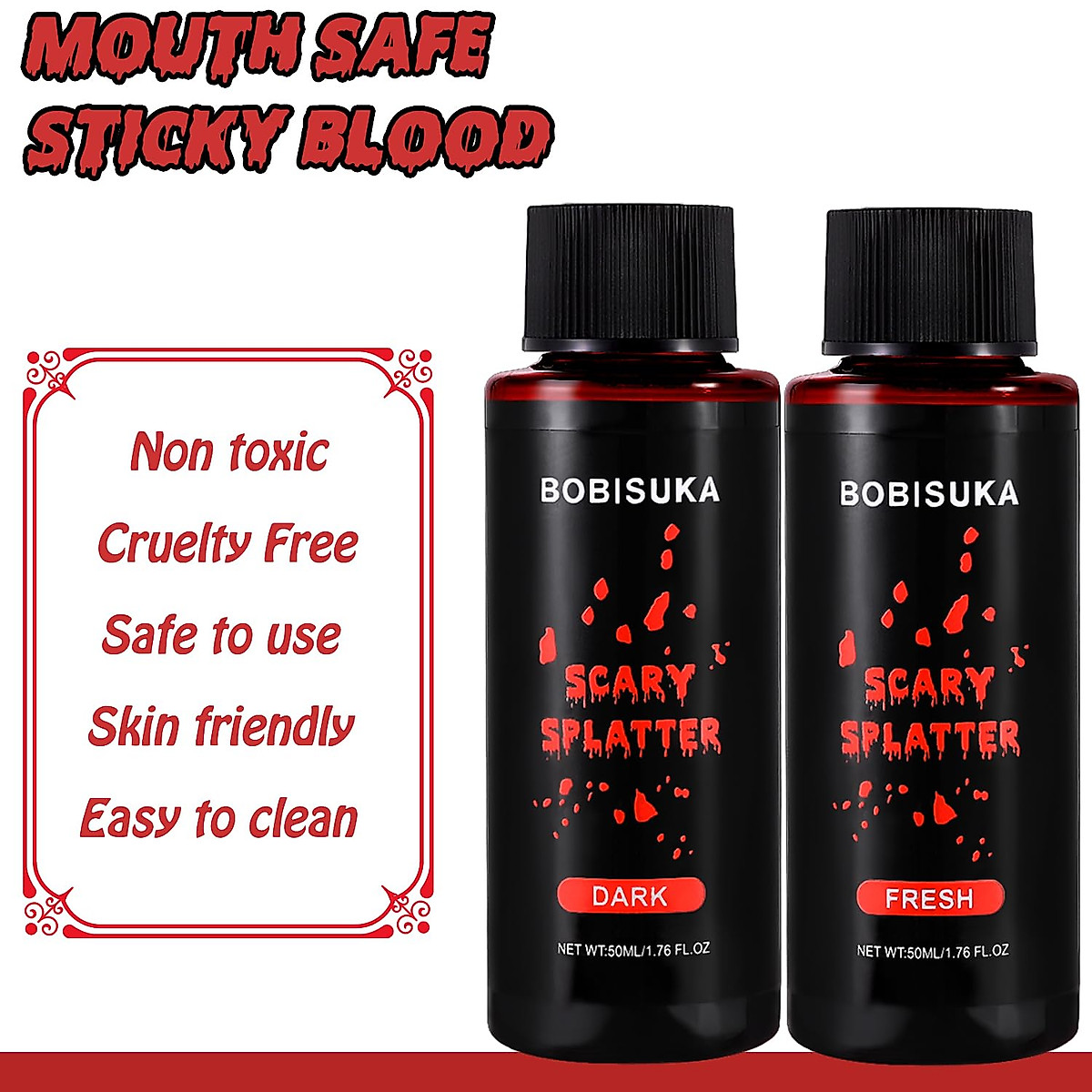 BOBISUKA 2PCS Halloween Fake Blood Makeup Kit - Fresh Red + Dark Red Realistic Washable Special Effects SFX Makeup Set, for Zombie Vampire Cosplay Monster Mouth Clothes Dress Up