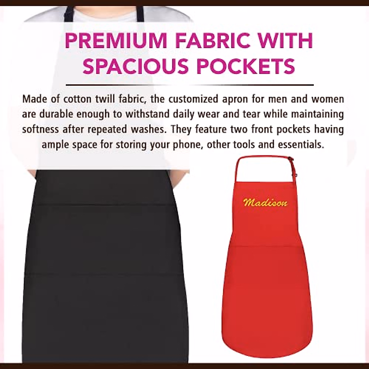 Personalized Apron with Hat for Men and Women - Custom Apron with Embroidered Name - Unisex Red Apron with Pockets for Kitchen Cooking Baking Restaurant BBQ Painting Crafting