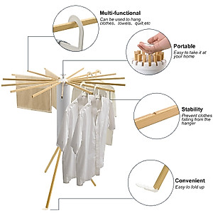 Kroias Tripod Clothes Drying Rack Wooden Drying Rack, Laundry Drying Rack Space Saving Foldable Drying Rack Clothing, Stand Outdoor Folding Portable Drying Rack with 16 Expandable Drying Rods