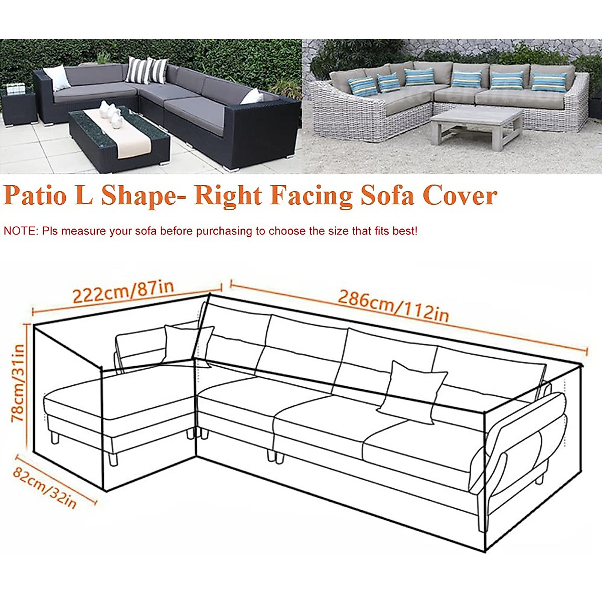 Skyour Patio Furniture Sectional Couch Sofa Cover Weatherproof Heavy Duty 420D Oxford Outdoor L Shaped Sectional Garden Rattan Corner Sofa Furniture Protector Covers Black (Right Side Long: 87x112in)