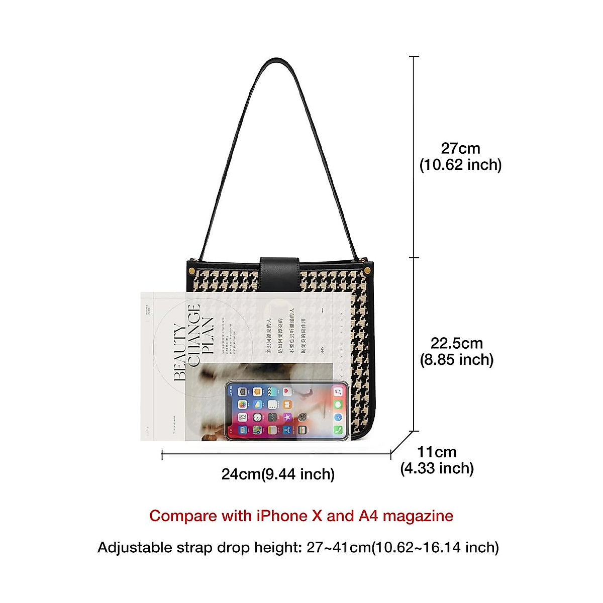 FOXLOVER Women’s Retro Portable Shoulder Bag New Houndstooth Commuter Bucket Bag Purse for Women Large Capacity Casual Underarm Bag