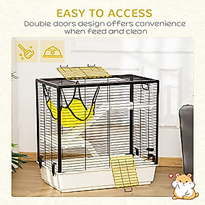 PawHut Small Animal Cage Habitat Indoor Pet Play House for Guinea Pigs Ferrets Chinchillas, with Accessories Hammock Water Bottle Balcony Ramp Food Dish, 31.5", Yellow