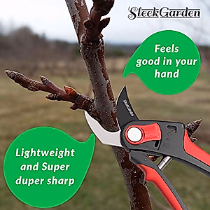 Sleek Garden Hand Pruner Professional Sharp Bypass EZ-Cut Garden Pruning Shears -Comfort Plus Handheld Gardening Tools Pruner,Rust Proof Blades Clippers/Scissors /- Shock Absorber + Cushion