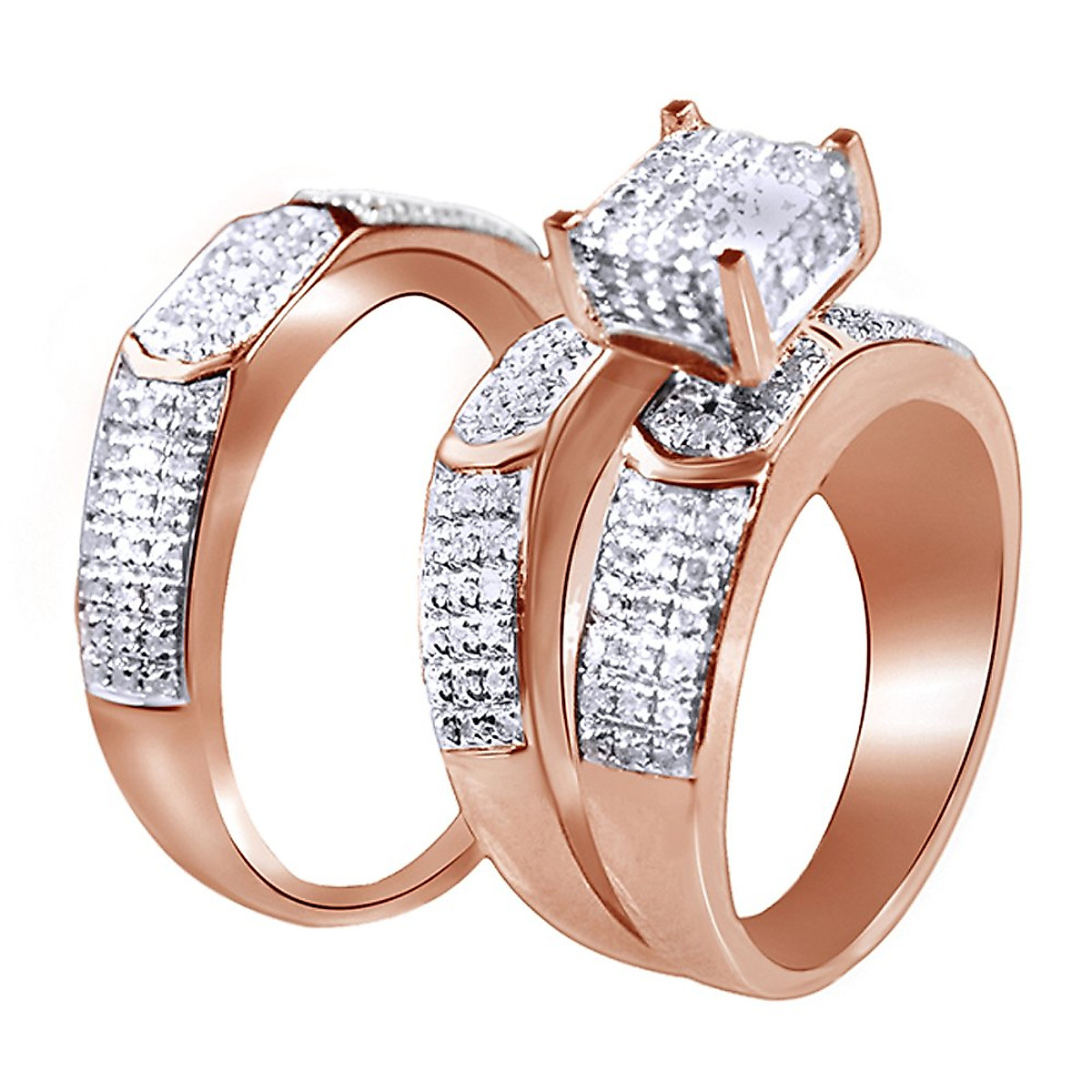 Jewel Zone US White Natural Diamond Engagement & Wedding Trio Bridal Ring Set in 10k Solid Rose Gold (0.79 Carat)