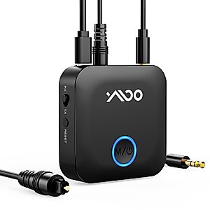 YMOO Optical Bluetooth 5.3 Transmitter Receiver for Speaker/TV/Bluetooth Headphones, 3.5mm Jack AUX Bluetooth Audio Adapter for Airplane, AptX Low Latency,130ft Range for Tablet/Smartphone,Dual Link