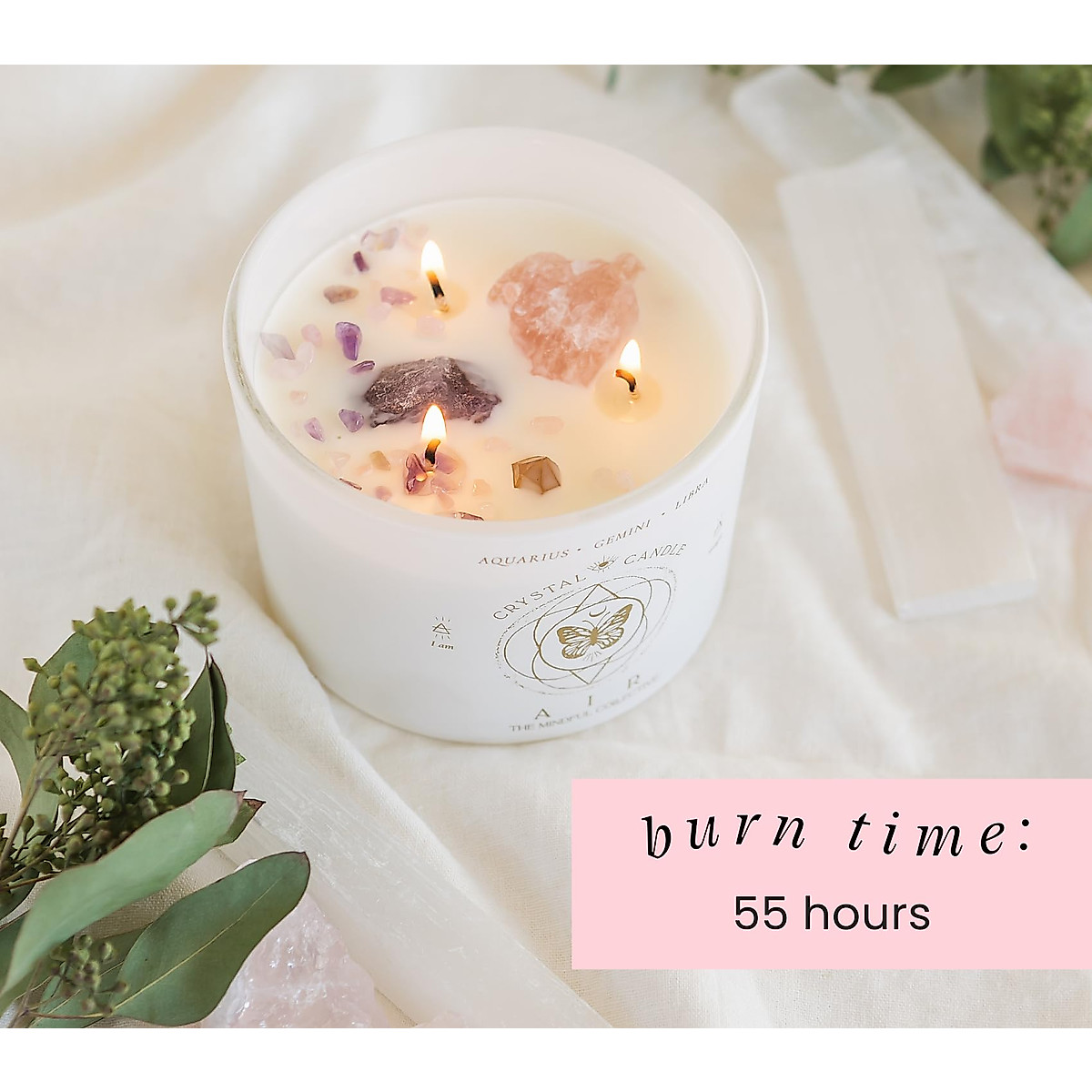 Healing Crystal Candle, 12oz - 3 wick Aquarius, Gemini, Libra Zodiac Candles with Crystals Inside. Zodiac Gifts for Women, Real Crystals and Healing Stones Manifestation Candle, Meditation Candle