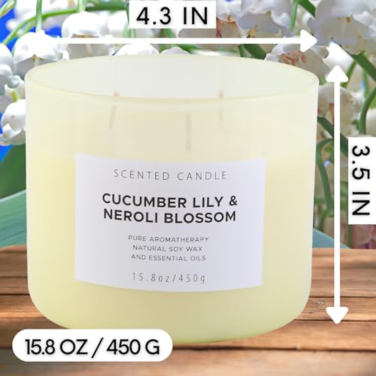 Cucumber, Lily of The Valley & Neroli Blossom Luxury 3-Wick Candle | Large Scented Candles for Home 15.8 oz | Relaxing Aromatherapy Stress Relief Candles | Natural Soy Candles for Women & Men