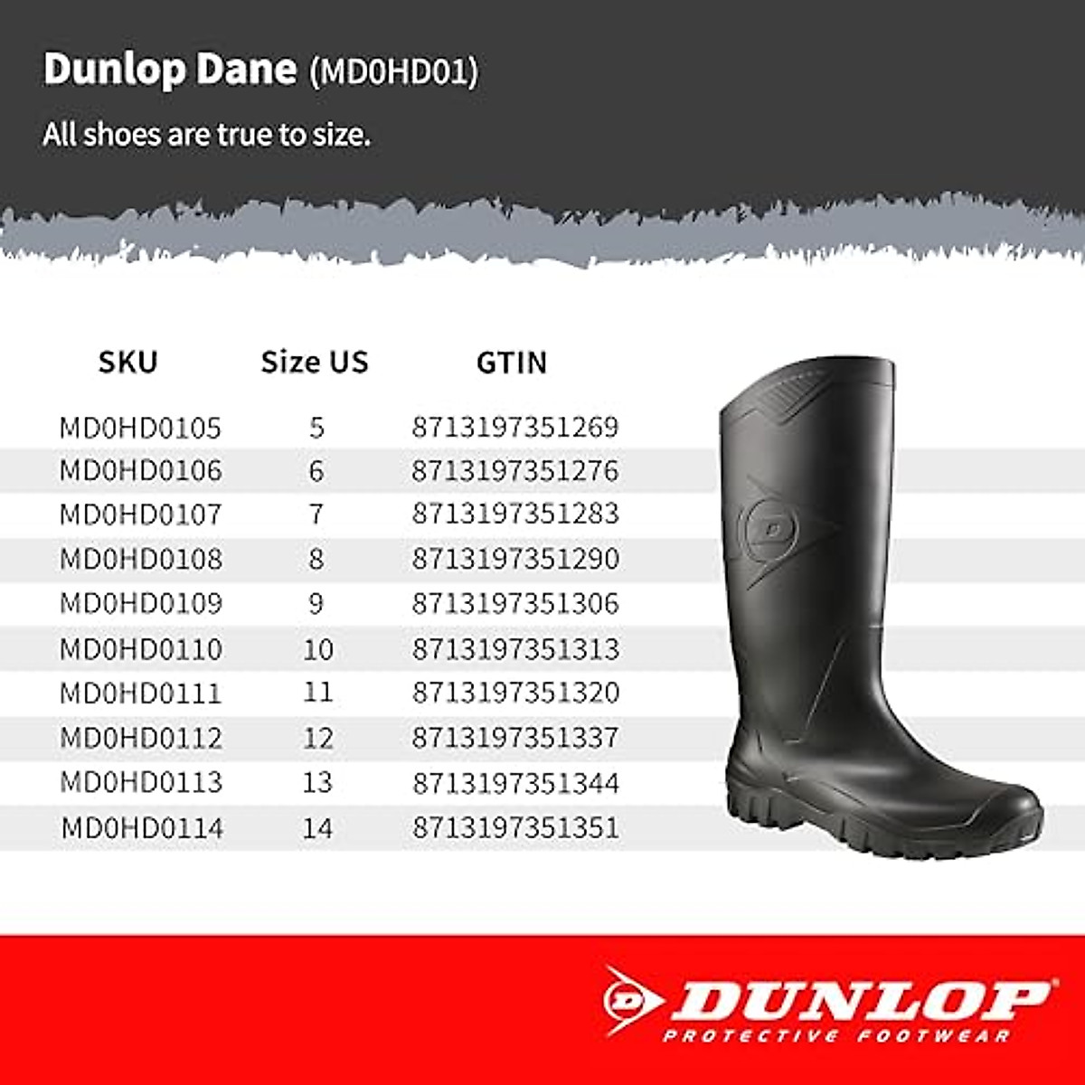 DUNLOP Protective Footwear MD0HD01.13 Dane, 100% Waterproof PVC, Lightweight and Durable Protective Footwear, Size 13, Black