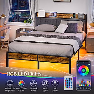 Queen Bed Frame with Headboard, Metal Platform Bed with Smart LED Lights and USB Charging Station, Easy Assembly, No Box Spring Needed