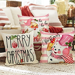Christmas Pillow Covers 18x18 Set of 4 Pink Christmas Decorations Throw Pillow Case Stripes Santa Snowman Snowflake Winter Holiday Home Decor Cushion for Sofa Couch