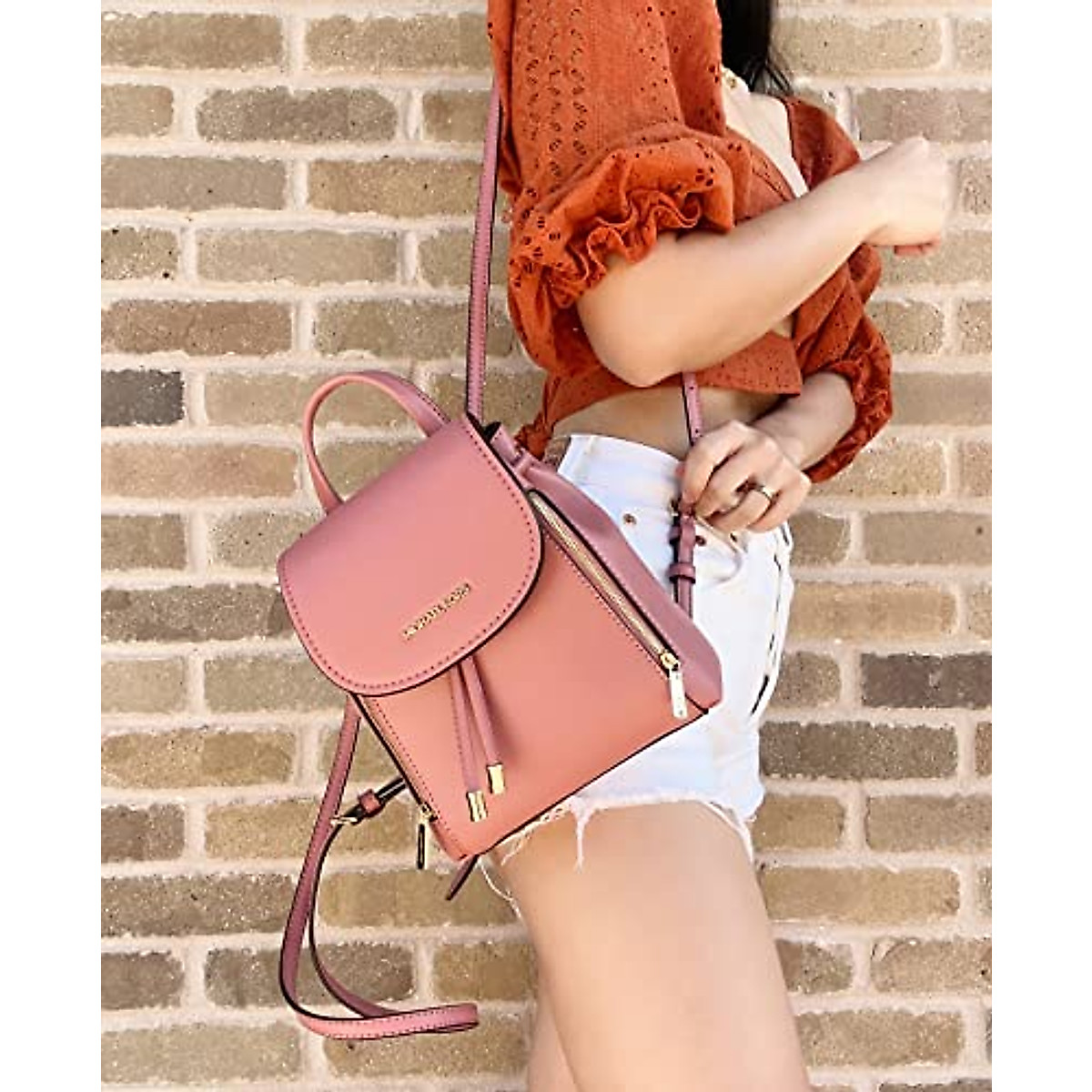 Michael Kors Phoebe XS Rose Pink Smooth Leather Flap Drawstring Backpack