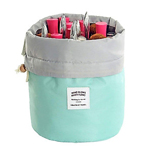 EUOW Travel Cosmetic Bags Barrel Makeup Bag,Women&Girls Portable Foldable Cases, Multifunctional Toiletry Bucket Bags Round Organizer Storage Pocket Soft Collapsible(Lightblue)