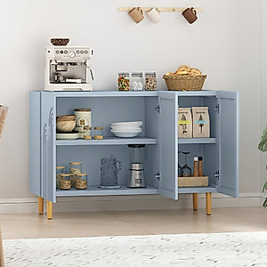 HLR Buffet Cabinet with Storage and 3 Doors, 47" Modern Wood Accent Storage Cabinet with Relief Patterned Doors, Sideboard Cabinet Credenzas for Living Room, Dining Room, Kitchen, Entryway, Blue