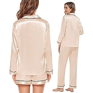 SWOMOG Womens 3 PCS Pajamas Set Silk Satin Long Sleeve Sleepwear Button Down Loungewear Pjs Nightwear Champagne - 3 PCS Small