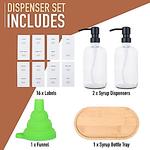 Coffee Syrup Dispenser for Coffee Station | Glass Syrup Dispenser for Coffee Bar | Includes 2 Glass Syrup Bottle, Pumps and Labels, 16.9 oz 500 ml.