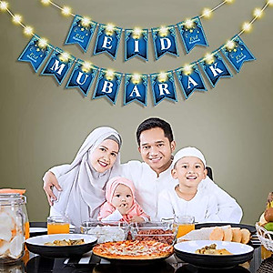 Eid Mubarak Paper Banner Eid Mubarak Bunting Banner with Led Fairy String Light 3 Flicker Modes, Eid Celebration Hanging Garland Decoration for Muslim Ramadan Party Supplies, No DIY Required (Blue)