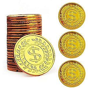 TCOTBE Pirate Gold Coins Plastic Set of 100,Play Gold Treasure Coins for Play Favor Party Supplies, Pirate Party, Treasure Hunt Game and Party Favors