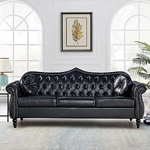 AVZEAR 82" Three Seater Sofa, Chesterfield Sofa, Mid-Century Modern PU Upholstered Sofa, Deep Button Tufted Living Room Sofa with Two Throw Pillows, Black